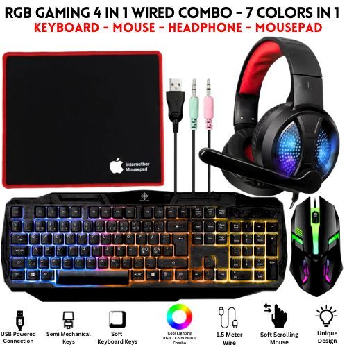 Rgb Gaming Keyboard And Mouse And Headphone And Mousepad 4 In 1 Wired Combo 7 Rgb Colors In Combo