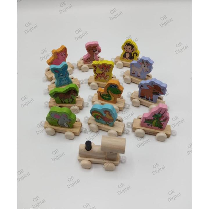 Wooden Block Train Set Toys Educational Animal Train Toys for Kids Wood ...