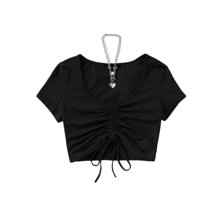 Women's Solid Drawstring Ruched Tee – Stylish and Trendy Cotton Blend ...