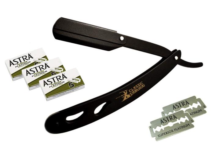 Professional Black Folding Straight Edge Razor with 5Double Edge Razor ...
