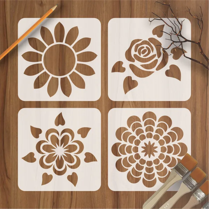 Pack of 4 floral Stencils Reusable Stencil For wall Painting Art Home ...