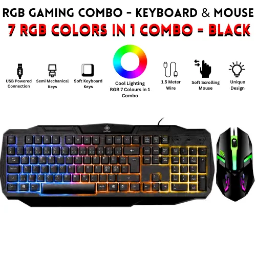 RGB Gaming Keyboard & Mouse Combo - 7 Colours Wired RGB Mouse and ...