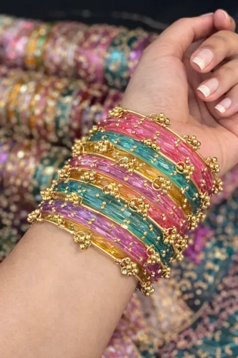 Premium Kashmiri Glass Bangle set for girls Golden Bead Charms ...