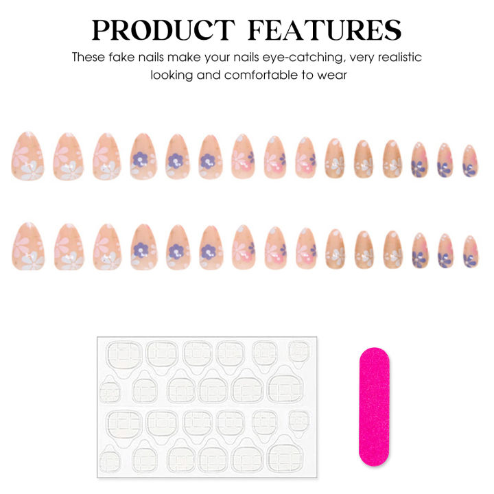 W1574 24PCS Almond Fake Nails Nude Pink Floral Design | Daraz.pk