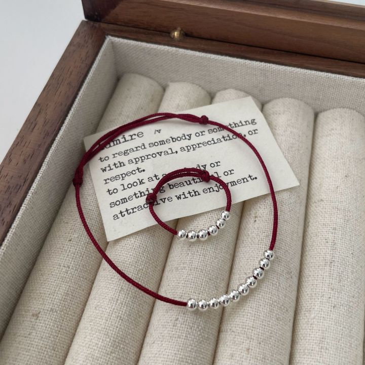 S925 sterling silver beaded red string bracelet ring set, Japanese ...