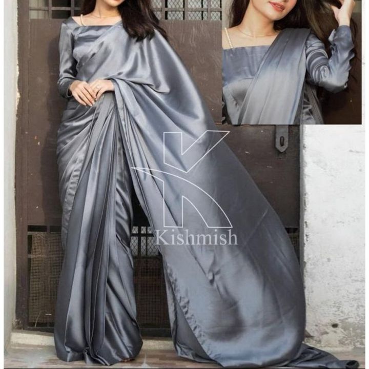 Party Wear Silver Silk Saree for Women with Blouse & Petticoat Wedding ...