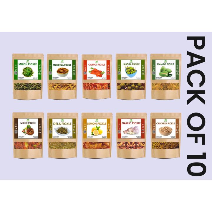Pack of 10 Home Made Lasoora Sabz Mirch Carrot Moringa Mango Mixed Dela ...