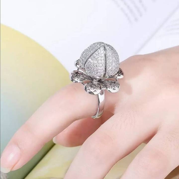 Ring Silver Color Crystal Zircon Flower Rings For Women Adjustable ...