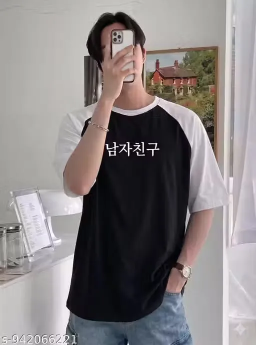 Meesho Korean-Style Oversized Raglan T-Shirt – Black Body with White ...
