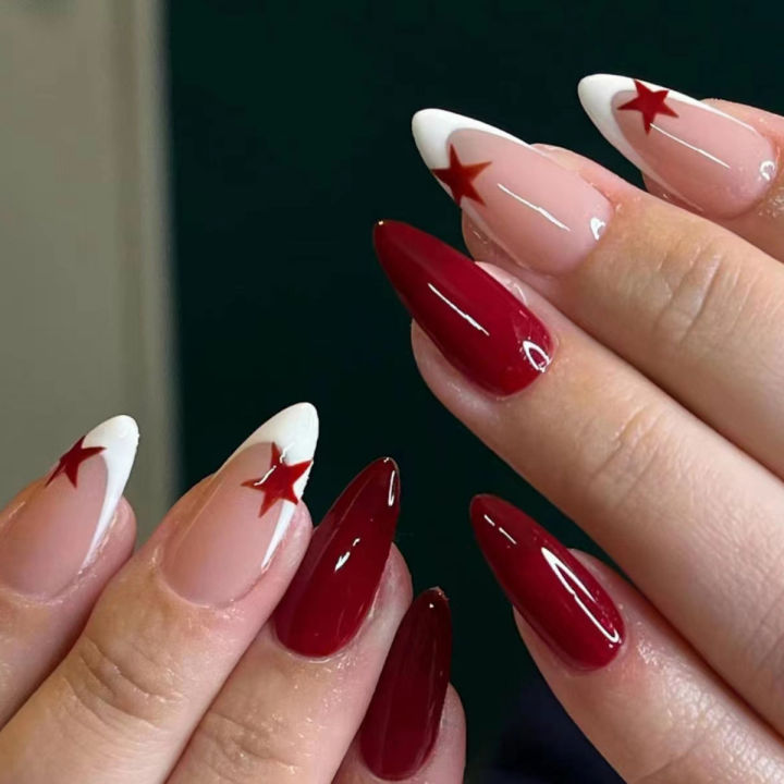 XC-88-54 24pcs Almond French Nail Tips with Star Design White Wine Red ...