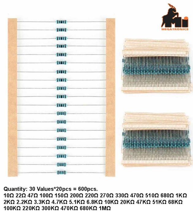600 Resistors set 30 types 20pcs each five-color code resistor metal ...