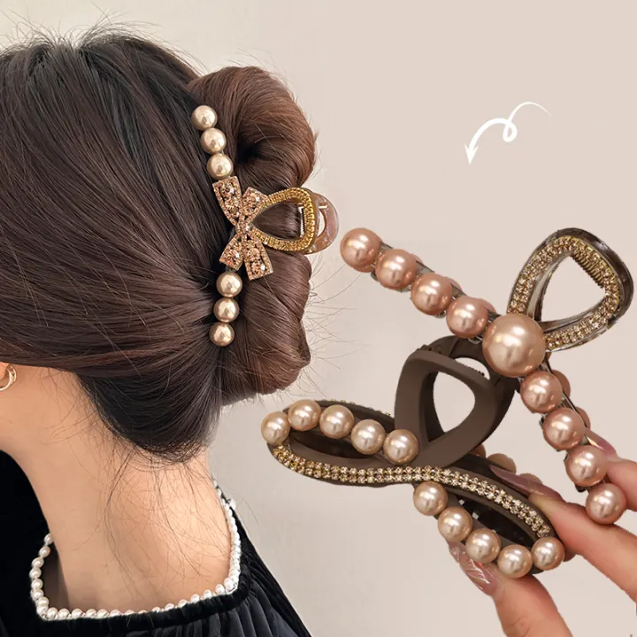 11cm Maillard Color Rhinestone Bead Bow Grab Clip for Lady Shiny Brown ...