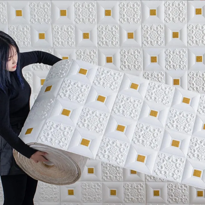 New 3D Foam Wallpaper Panel 70×70cm – White Brick with Golden Spot ...