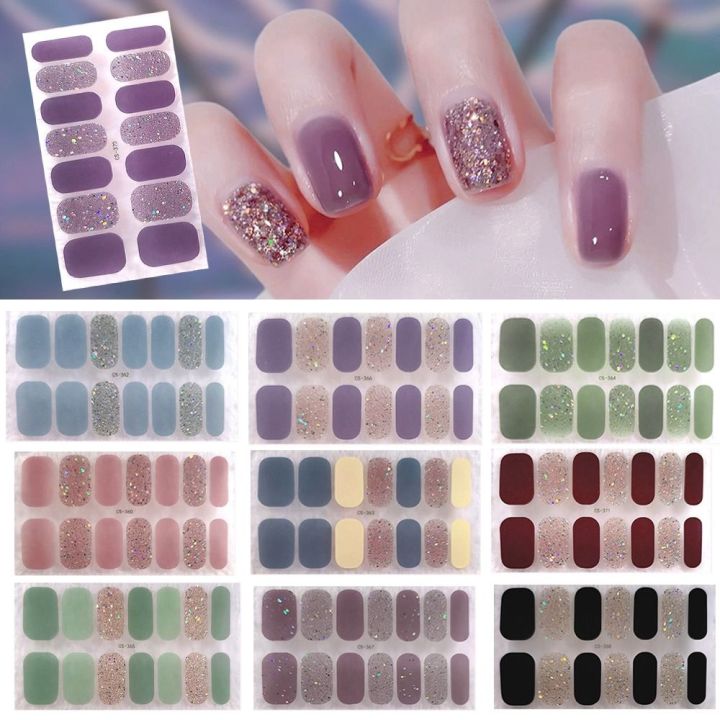 14Tips Waterproof Foil Gel Nail Stickers Self-Adhesive Glittering Gel ...