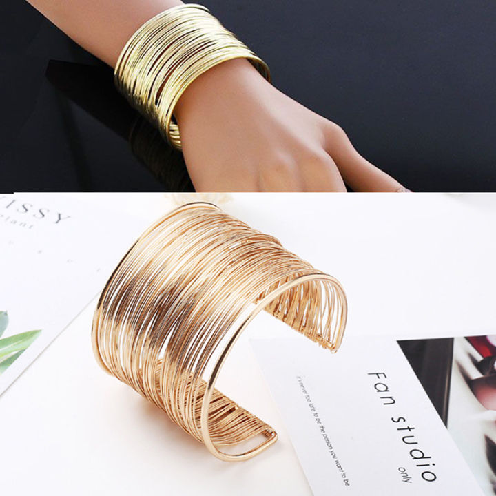 Women Multilayer Metal Wires Strings Open Bangle Wide Cuff Bracelet ...