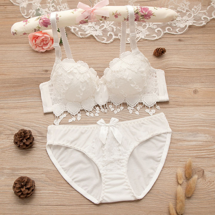 Women Red Beautiful Lingerie Sets Wireless Lace Padded Cotton Panties ...