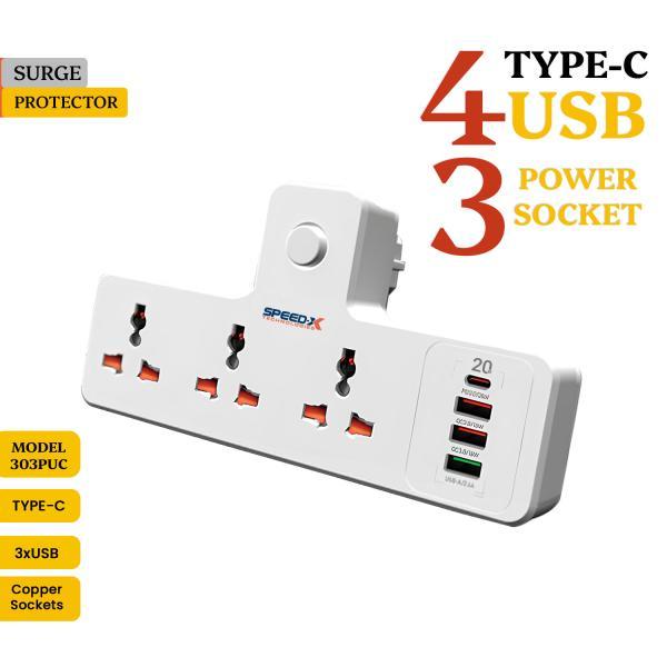 New Speed-X 304PUC Premium Portable Power Strip – 3 AC Sockets + 3 USB ...