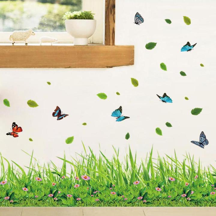 Beautiful Green Grass Butterfly Flowers Baseboard PVC wall sticker ...