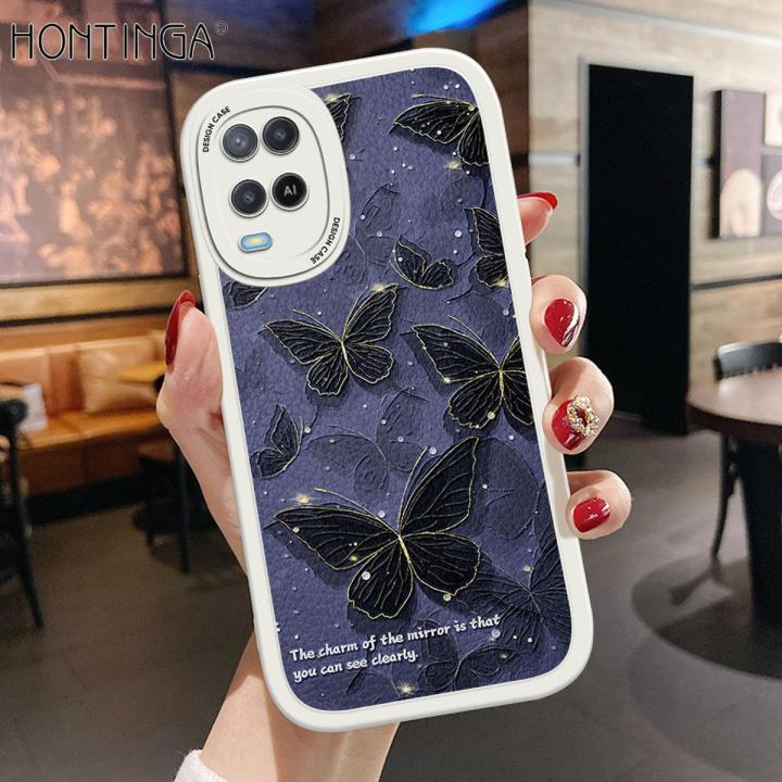 Hontinga for OPPO A54 / A54 2021 Back Cover PU Leather Black Butterfly ...