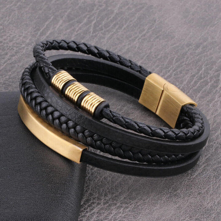 Men's Stainless Steel Leather Bracelet Multilayer Braided Cuff Magnetic ...