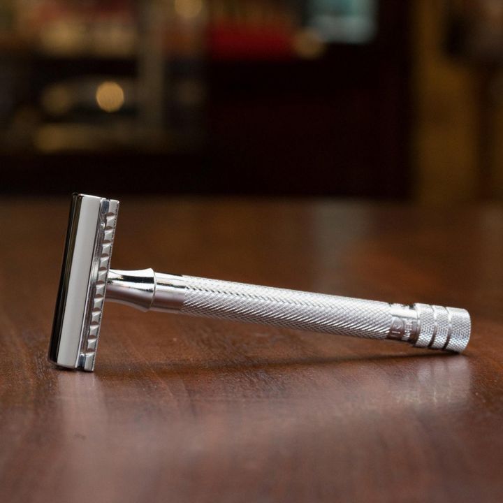 DOUBLE EDGE SAFETY RAZOR, STRAIGHT CUT, EXTRA LONG HANDLE, CHROME 23C ...