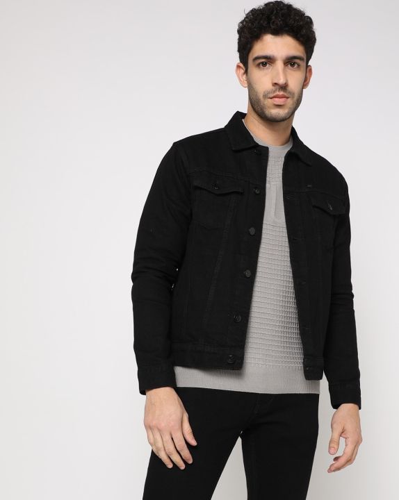 Slim Fit Denim Jacket with Flap Pockets Jet Black | Daraz.pk