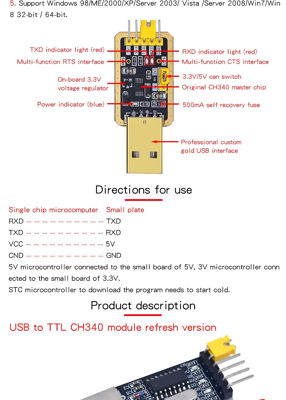 CH340 module USB to TTL CH340G upgrade download a small wire brush plate STC microcontroller ...