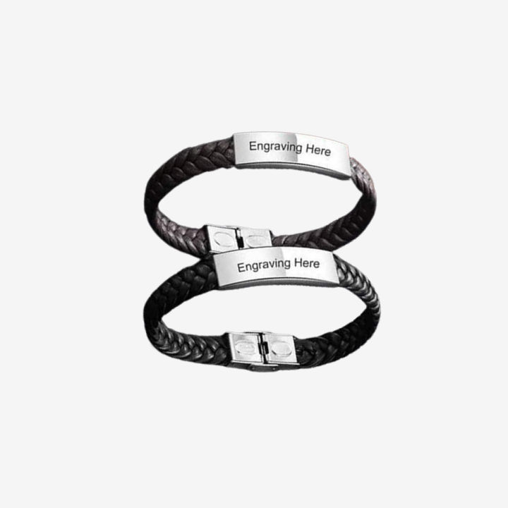 Men's Leather Bracelets Stainless Steel ID Bar Custom Name Date Logo ...