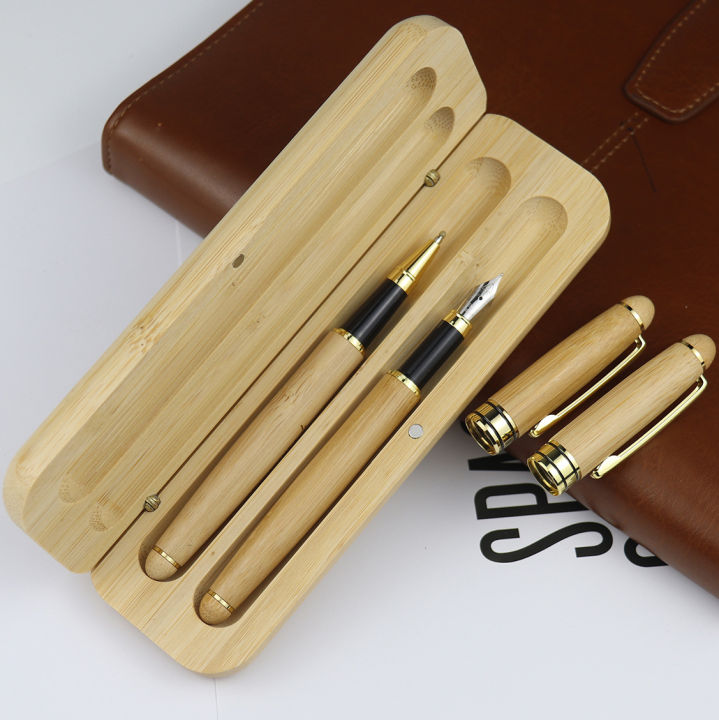 High-grade bamboo ballpoint pen handy business gift fountain pen set black gel pen rotary ...