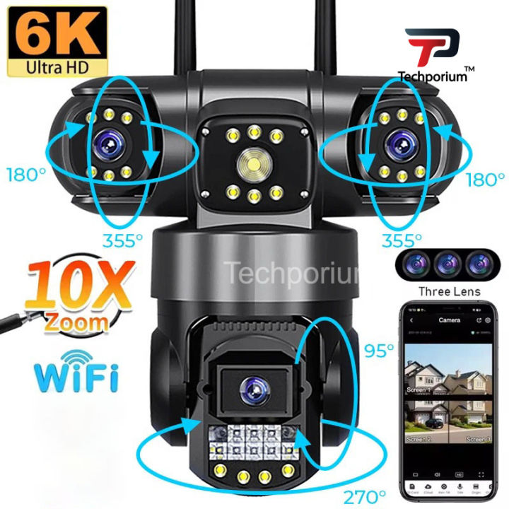 Ultra HD 6K 12MP Smart CCTV Camera | WiFi IP PTZ Triple Lens 360° View ...