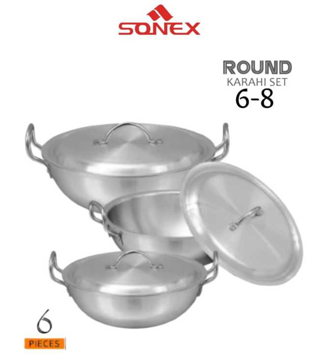 Sonex Metal Finish Round Karahi Full Set 6-8 Heavy Weight Best Quality ...