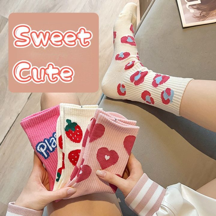Sweet Love Heart Flowers Middle Tube Socks Women Girls Cute Lovely Casual Versatile Pink Cotton ...