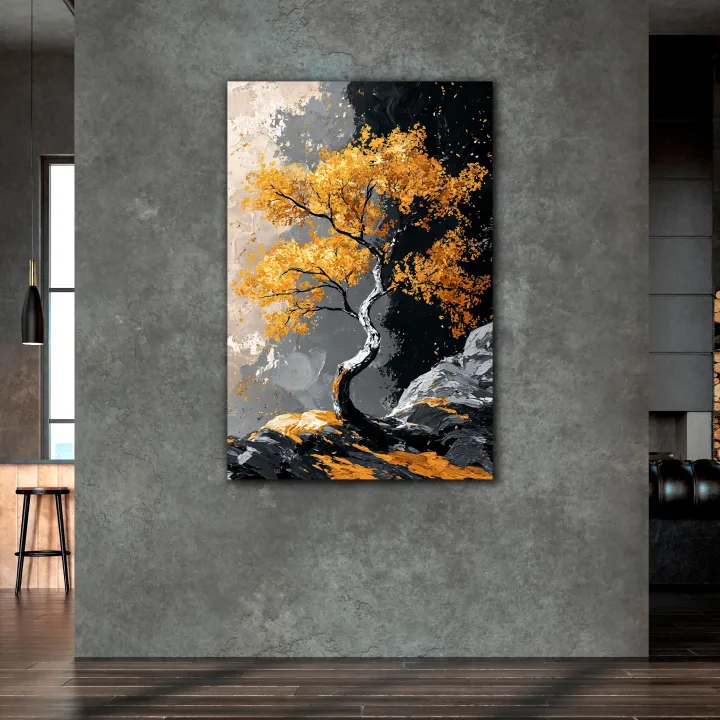 Golden Leaves Tree Unframe Wall Art Abstract Nature Poster Painting Print Living Room Wall Decor ...