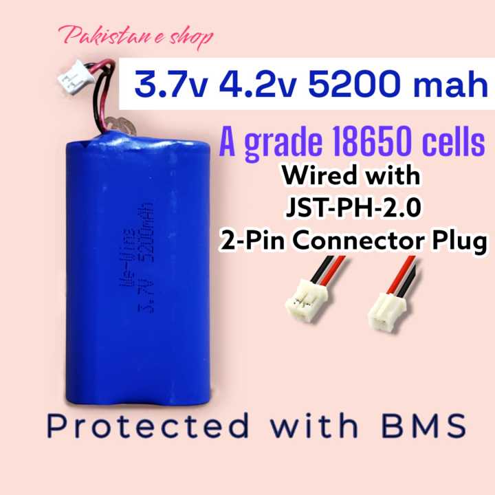 18650 cell with BMS JST PH 2.0 , 2 pin connector 3.7v 4.2v 18650 ...