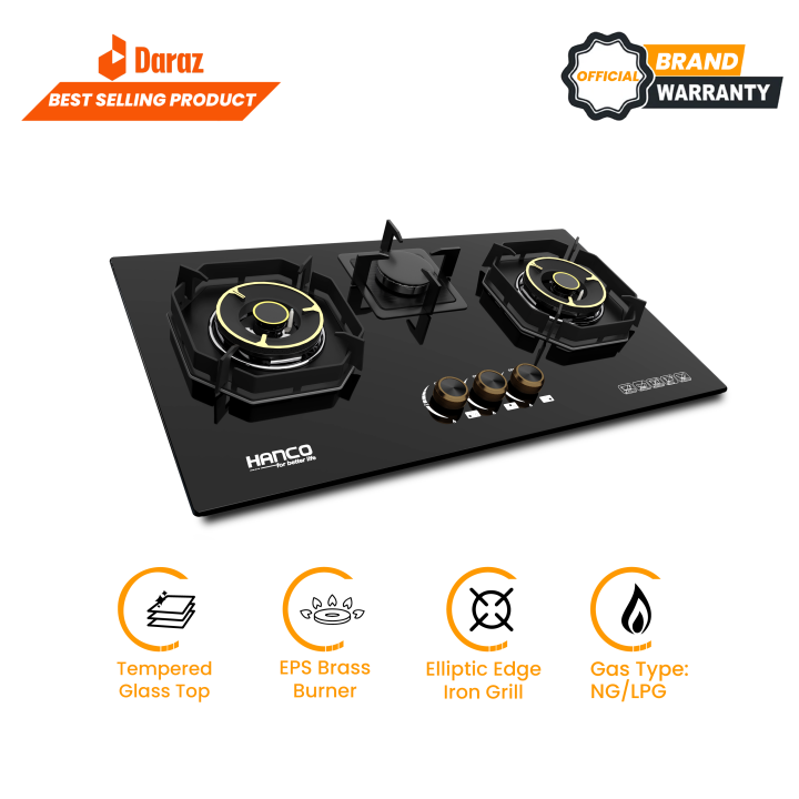HANCO Tempered Glass Hob with 2 Big EPS Burners & 1 Brass Burner (Model 604) - Auto Ignition ...