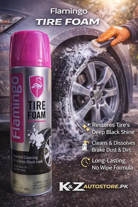 Flamingo Tire Foam 650ml – Car Tyre Cleaner & Shiner Spray – Deep Black ...