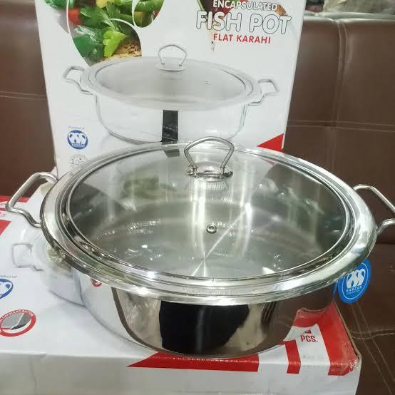 Alpha durable Stainless steel FLAT karahi fish pot encapsulated double ...
