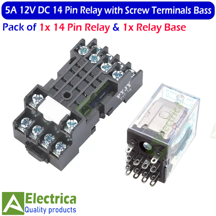 1 pair of 14 Pin 5A Coil 12V DC Relay and PTF08A Screw Terminals Base ...