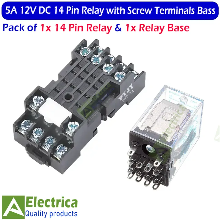1 pair of 14 Pin 5A Coil 12V DC Relay and PTF08A Screw Terminals Base ...