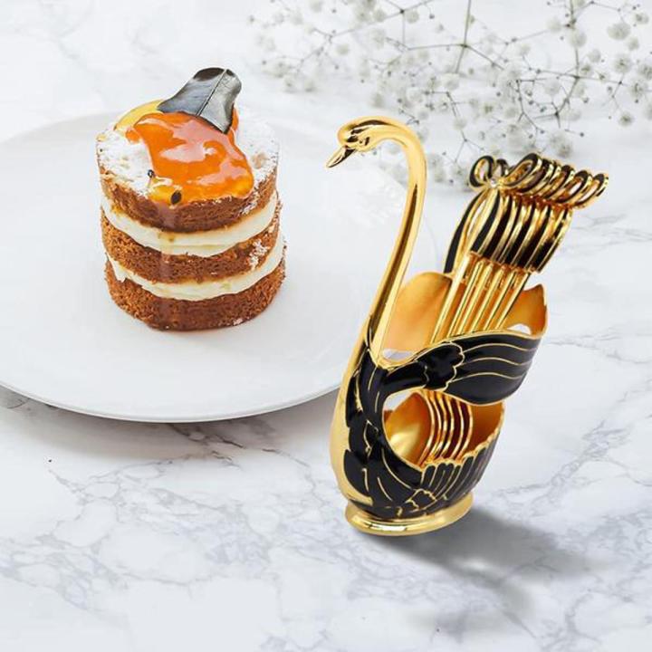 Stainless Steel Fruit Cake Coffee Tea Spoon Swan Holder Cutlery Set ...