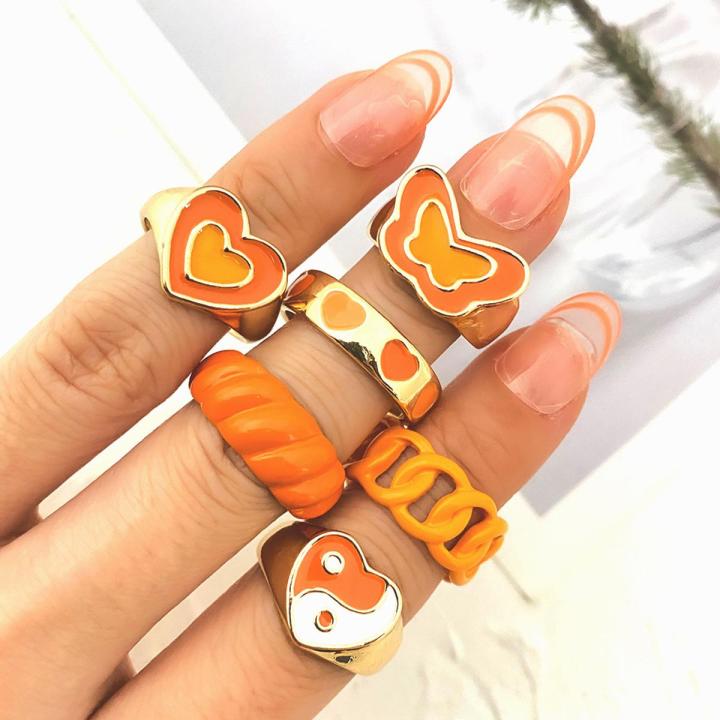 Cartoon double layer butterfly drip oil chain ring 6 pieces set cross ...