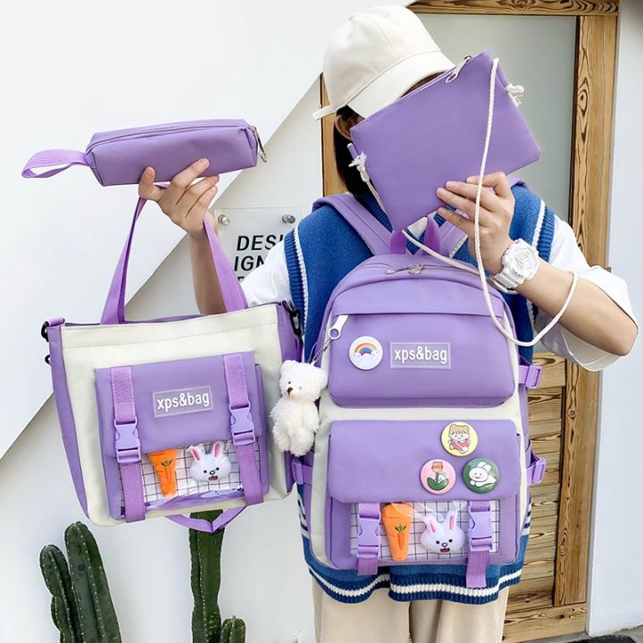 Girls Stylish Canvas Kawaii Backpack with Pin and Accessories | Cute ...