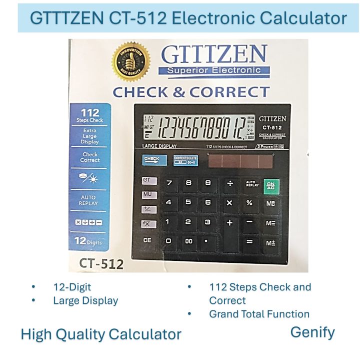 GTTTZEN CT-512 Electronic Calculator – 12-Digit Display with 112-Step ...