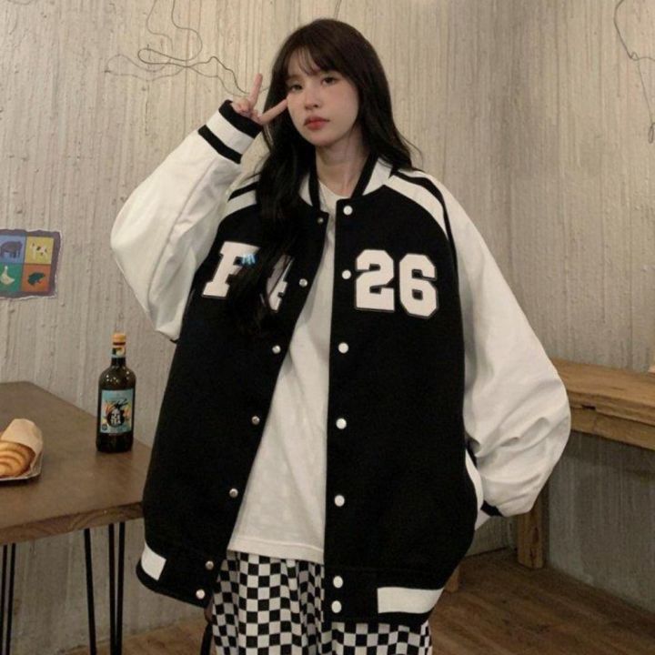 Harajuku Pullover Baseball Jacket Coat Letter Uniform Women Oversize ...