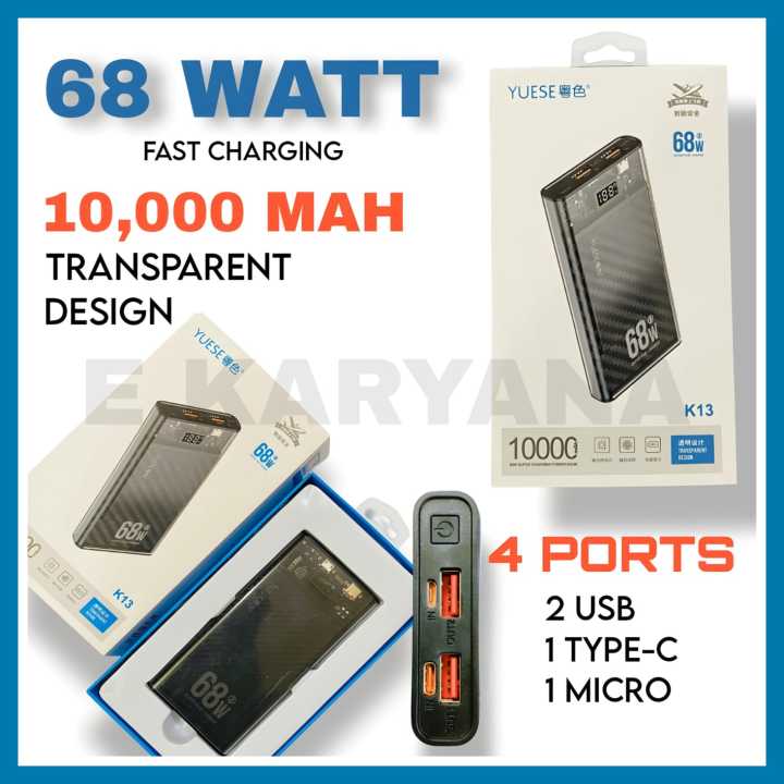 YUESE K13 Powerbank 10000mAh | 68 Watt Fast Charging | Transparent ...