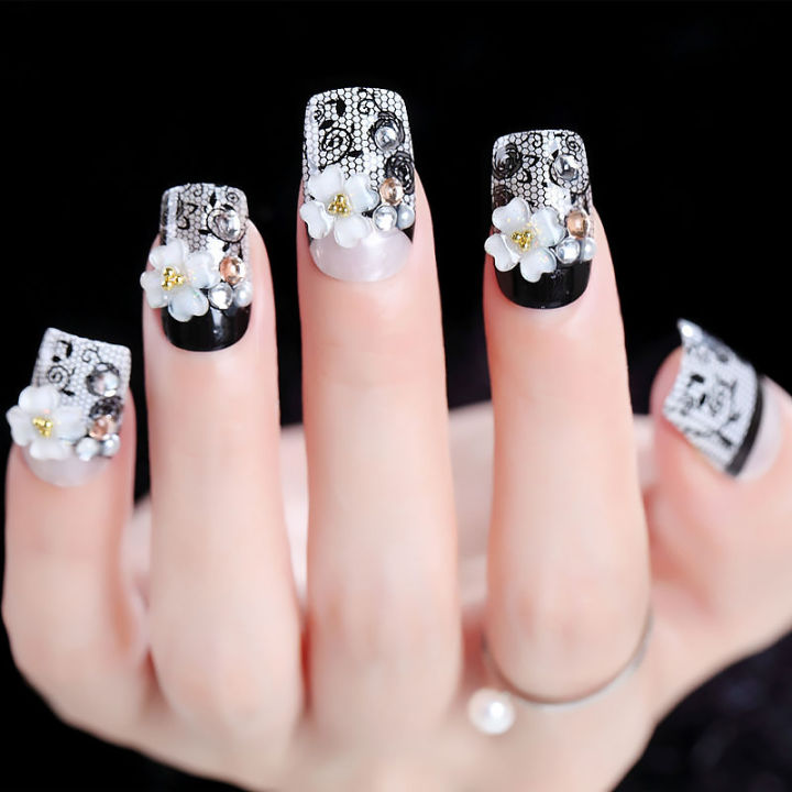 AL18 24PCS Wedding French Style 3D Acrylic Fake Nails with White ...