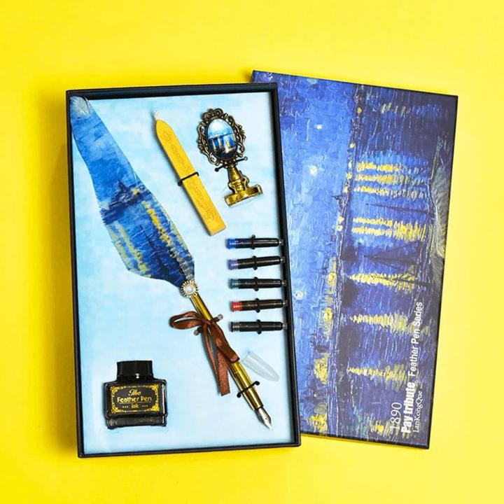 VAN-GOGH Vintage Calligraphy Feather Dip Pen Set Starry Night Style ...