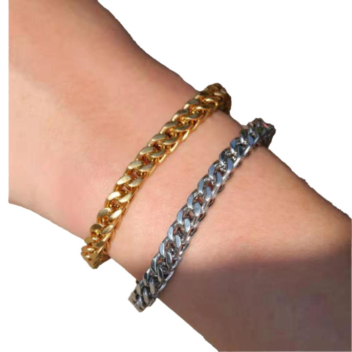 Pack of 2 Silver and Golden Stainless Steel Cuban Chain Wrist Bracelet ...