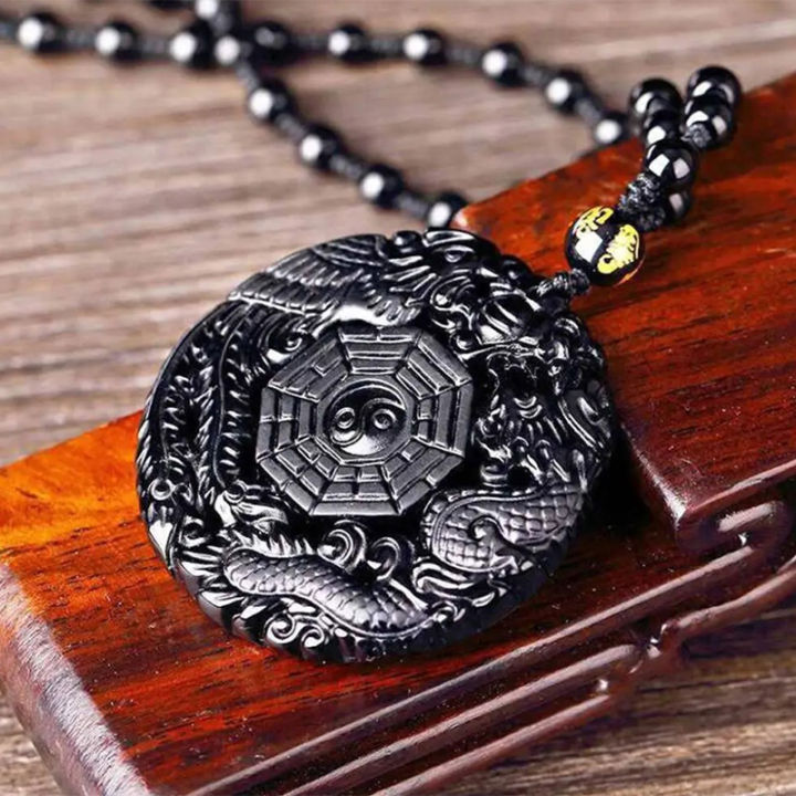 Natural Black Obsidian Hand Carved Chinese Dragon Phoenix Bird Amulet ...
