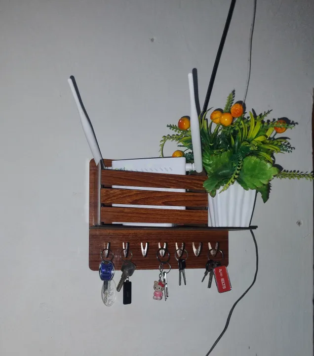 "Wooden Wall Mounted Key Holder with Router Stand & Flower Pot Space ...